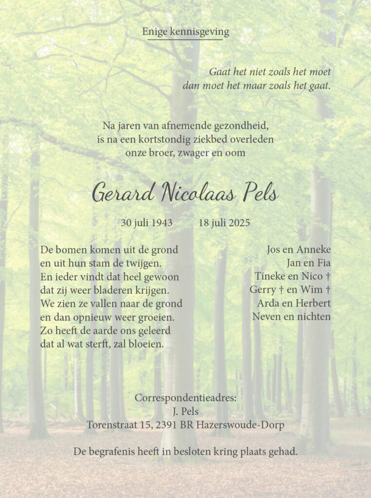 Familiebericht - Gerard Nicolaas Pels - Groene Hart Koerier